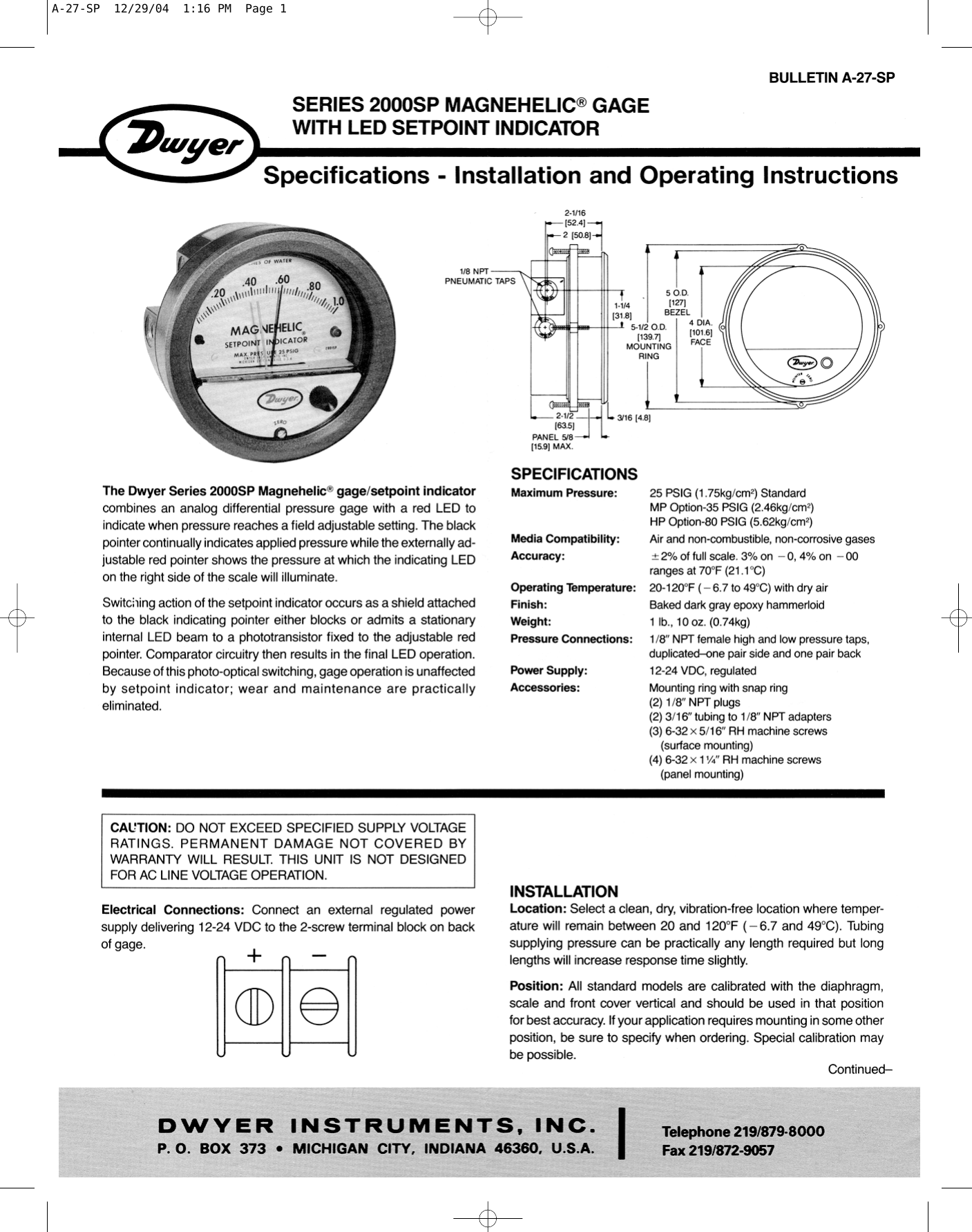 Dwyer Series 2000-SP Instruction Manual | Manualzz