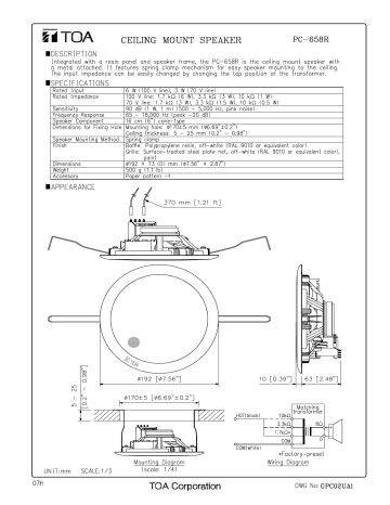 TOA ELECTRONICS PC-658R 6W RMS 100V 6" Ceiling Speaker - 4 Pack Data Sheet | Manualzz