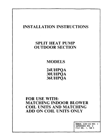 Bard Split Heat Pump Installation Instructions | Manualzz