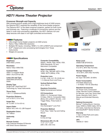 Optoma HD71 Projector Product sheet | Manualzz