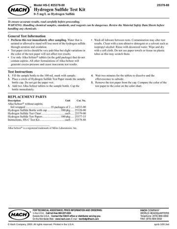 Hach Hydrogen Sulfide Test Kit Manual | Manualzz