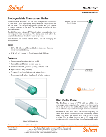 Solinst 428 BioBailer - BiodegradablePVC Bailer Datasheet | Manualzz