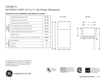 GE GTE18CTHWW Fridge Specification Sheet | Manualzz