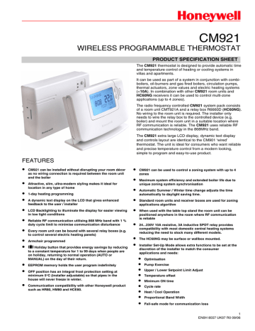 Honeywell CM921 Product Specification Sheet | Manualzz