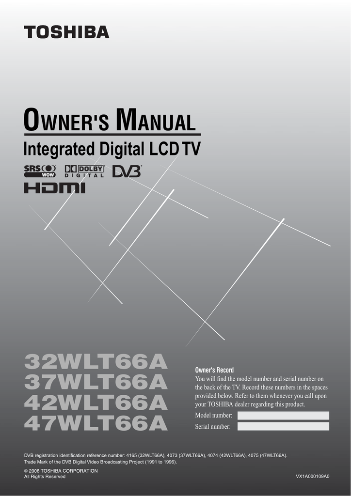 Toshiba 37WLT66A Flat Panel Television User manual | Manualzz