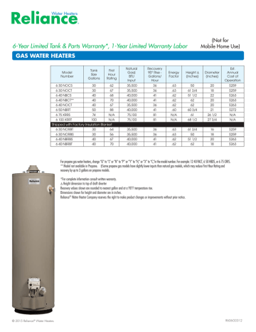 Reliance 640NBCT Water Heater Specification Sheet | Manualzz