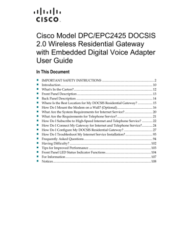 Front Panel LED Status Indicator Functions. Cisco EPC2425, DPC2425, DPC ...