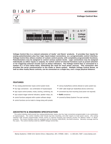 Biamp Voltage Control Box Data Sheet | Manualzz