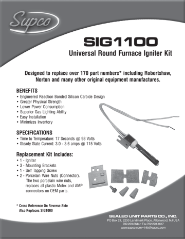 Supco SIG1100 120V Hot Surface Ignitor Specification | Manualzz
