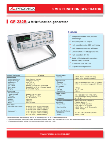 Promax GF-232B 3 MHz function generator Datasheet | Manualzz