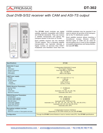 Promax DT-302 Dual DVB-S/S2 receiver Datasheet | Manualzz