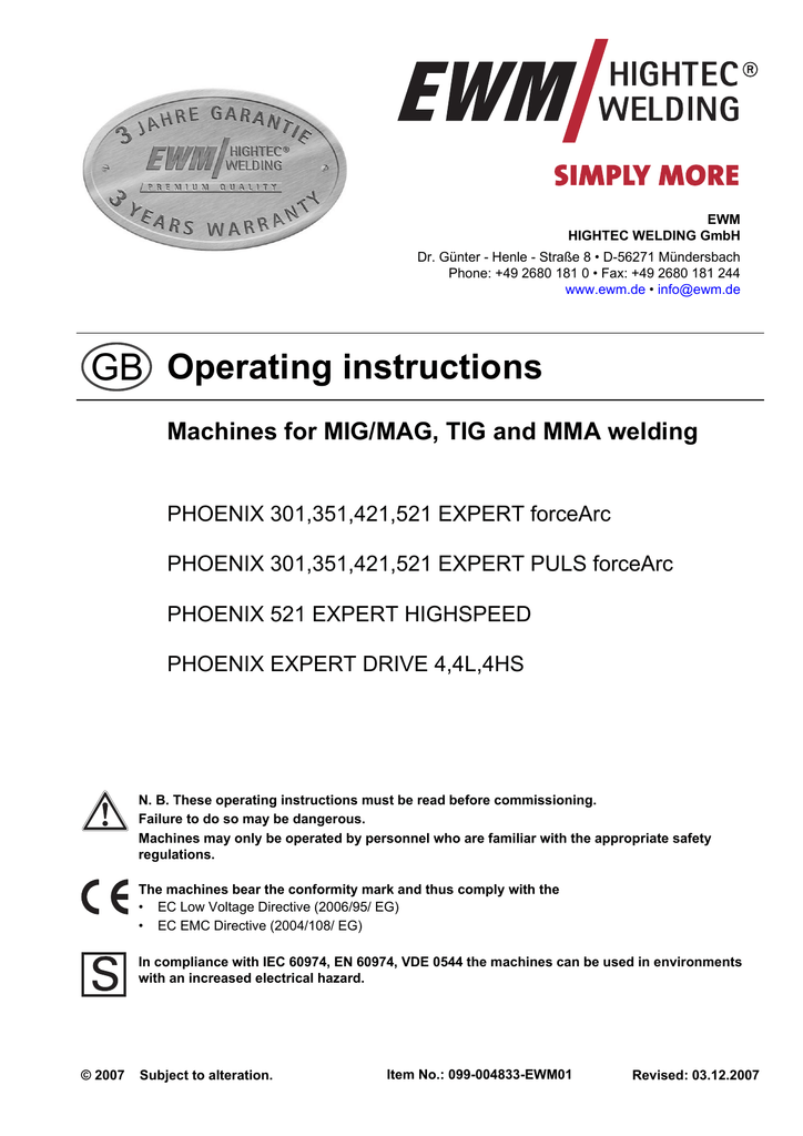EWM PHOENIX 521 EXPERT forceArc Operating Instructions Manual | Manualzz