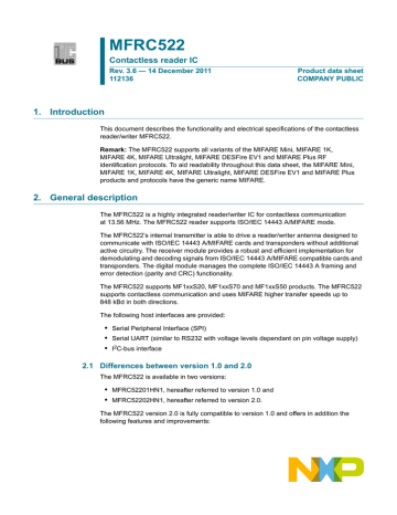 Contactless reader IC MFRC522 Datasheet | Manualzz