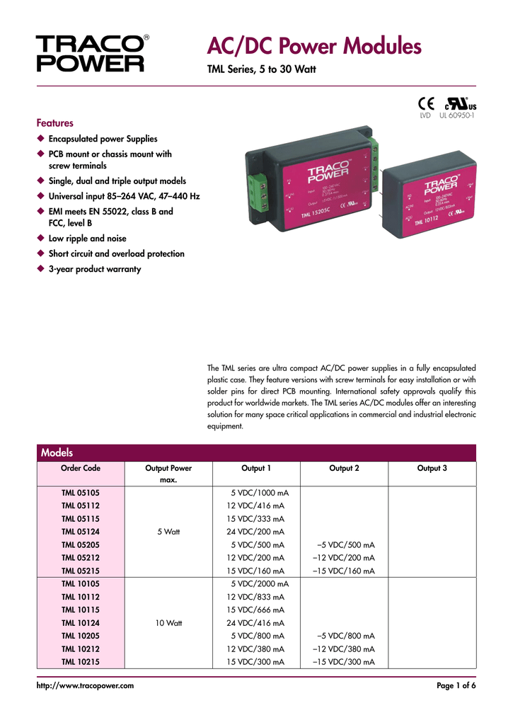 Traco Power AC/DC Power Modules TML 15124C Other Power Supplies ...