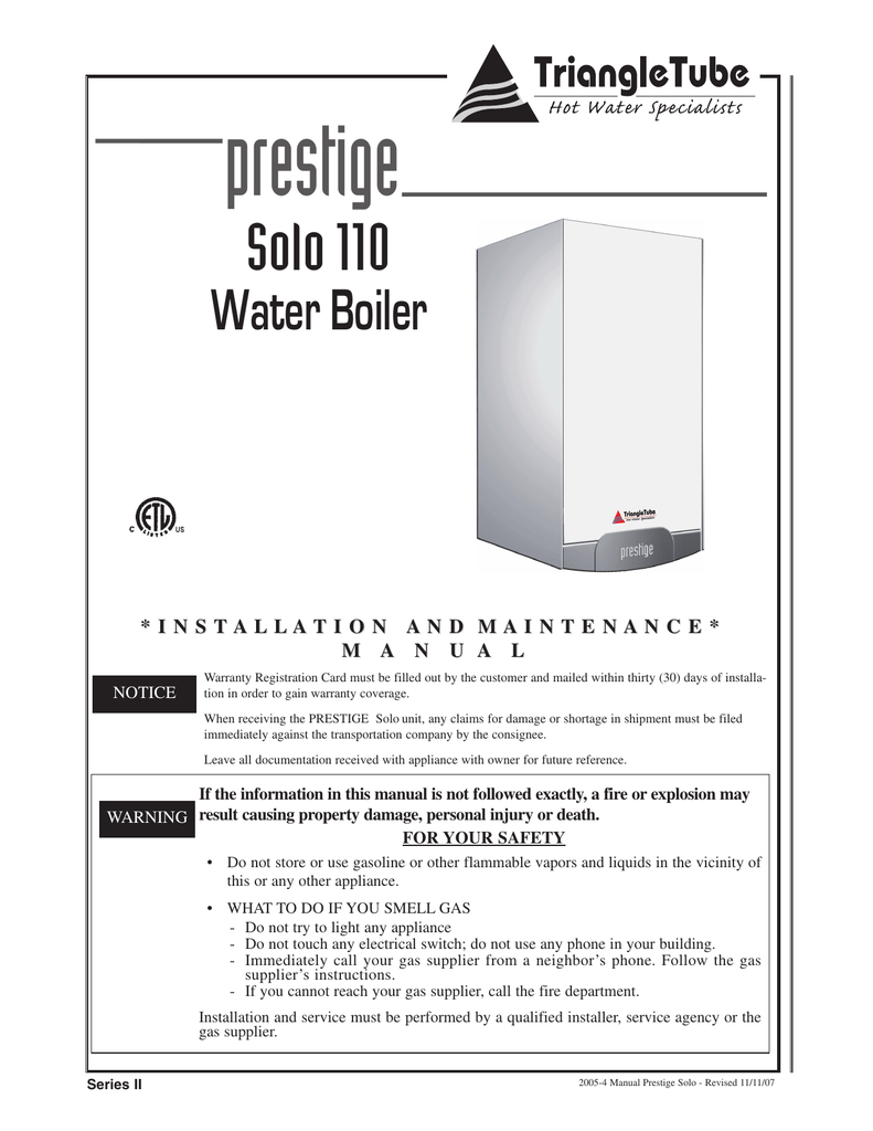 TriangleTube Prestige Solo 110 Installation and Maintenance Manual ...