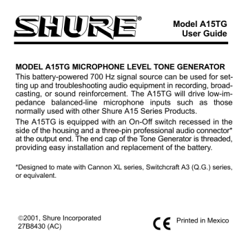 Shure A15TG User Guide - Microphone Level Tone Generator | Manualzz