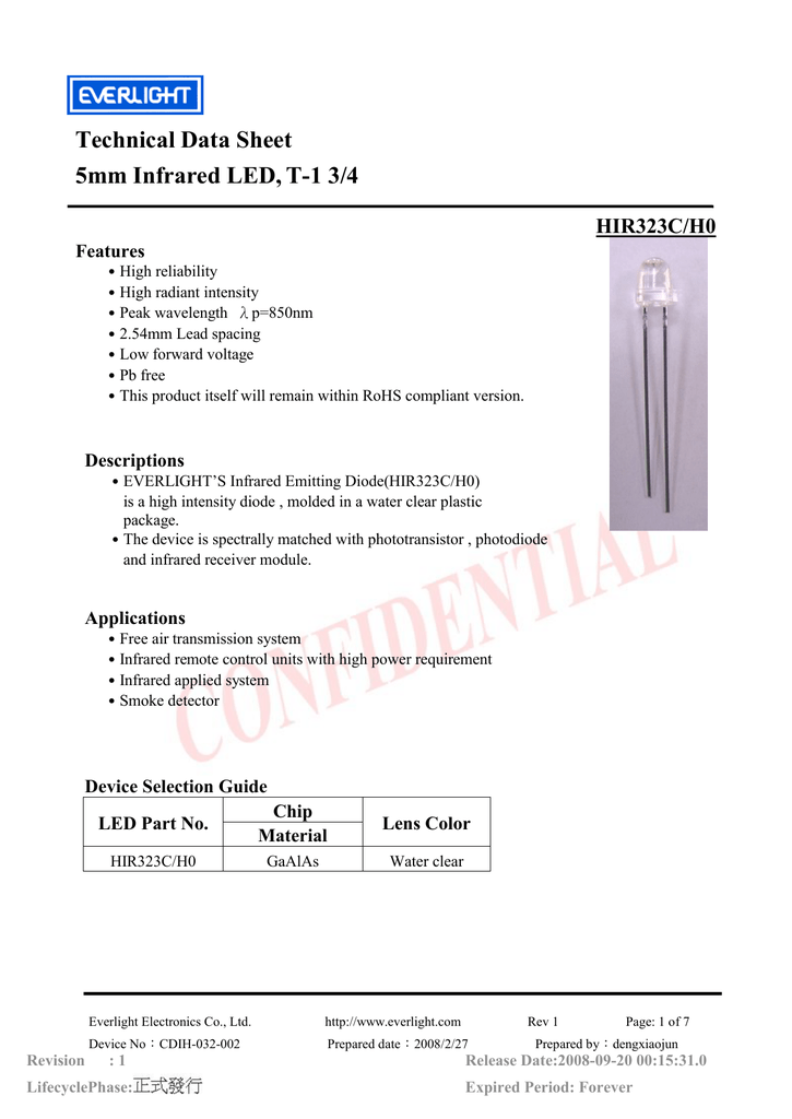 Technical Data Sheet 5mm Infrared LED T-1 3/4, 56% OFF