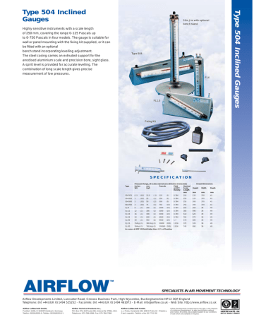 TSI Airflow Instruments Type 504 Inclined Gauges User Guide | Manualzz