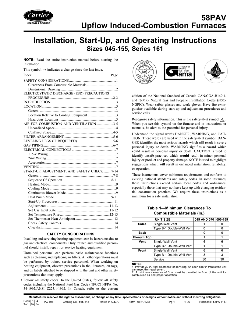 58PAV Upflow Induced-Combustion Furnaces Installation, Start-Up, and ...