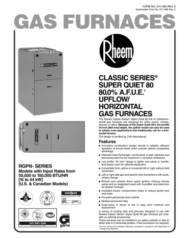 Rheem RGPN-10EAMER Classic® Series 17-1/2 in. 100000 BTU 80% AFUE 3 Ton ...