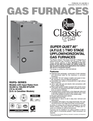 Rheem RGPQ-10EAMER Classic Plus® Series 17-1/2 in. 100000 BTU 80% AFUE ...