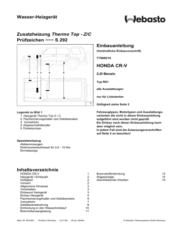 Webasto Thermo Top Z/C Einbauanleitung Honda CR-V | Manualzz