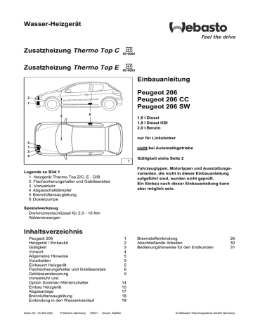 Webasto Thermo Top C, Thermo Top E Einbauanleitung Peugeot 206 | Manualzz