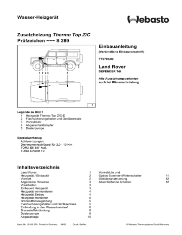 Webasto Thermo Top Z/C D Einbauanleitung Land Rover Defender Tdi | Manualzz