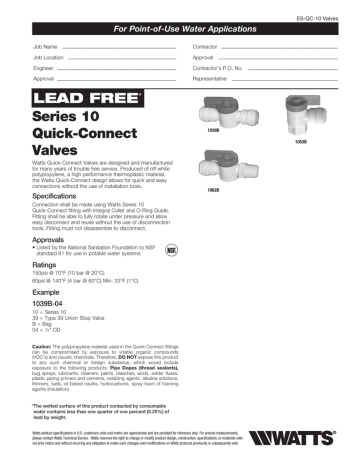 Watts Series 10 Quick-Connect Valves Specification Sheet | Manualzz