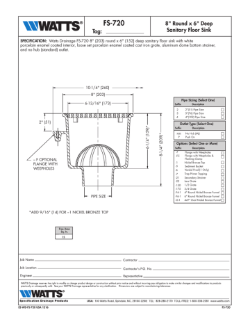 Watts 8185077 Drainage FS-720 Series 8 x 8 x 6 in. Floor Mount Cast ...