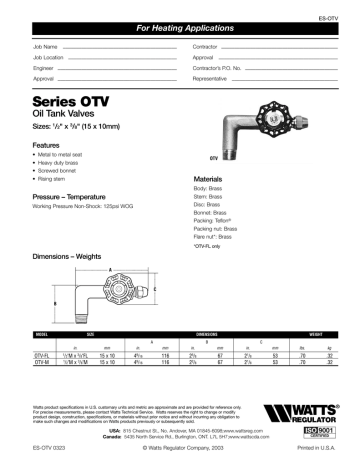 Watts OTV Oil Tank Valves Specification | Manualzz
