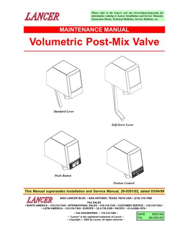 Lancer 28-0301/03 Volumetric Post-Mix Valve Maintenance Manual | Manualzz