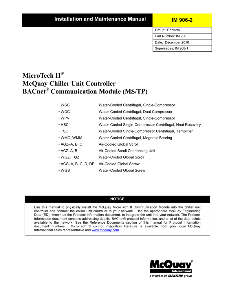 Microtech Ii Mcquay Chiller Unit Controller Bacnet Manualzz