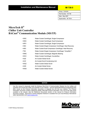 McQuay Chiller Unit Controller MicroTech II, Communication Module BACnet Installation Manual ...