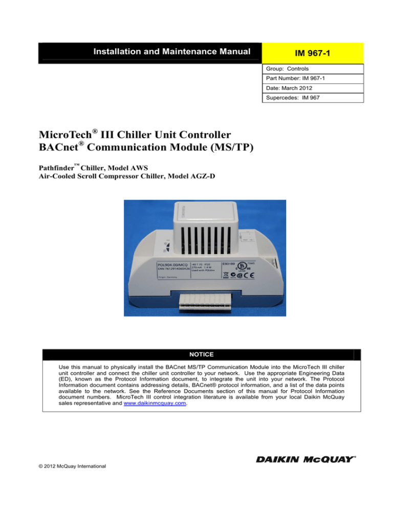 MicroTech III Chiller Unit Controller BACnet Communication Module (MS ...