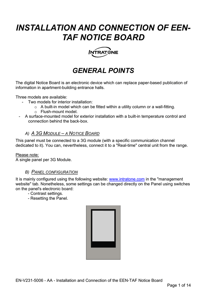 Intratone EEN-TAF Digital Notice Board Installation guide | Manualzz