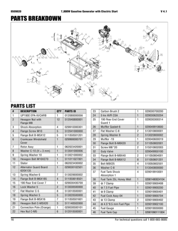 Power Fist 8509820 7,000W Gasoline Generator Parts list | Manualzz