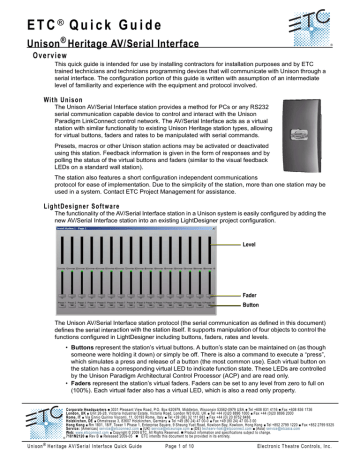 ETC Unison Heritage AV/Serial Interface Quick Guide | Manualzz
