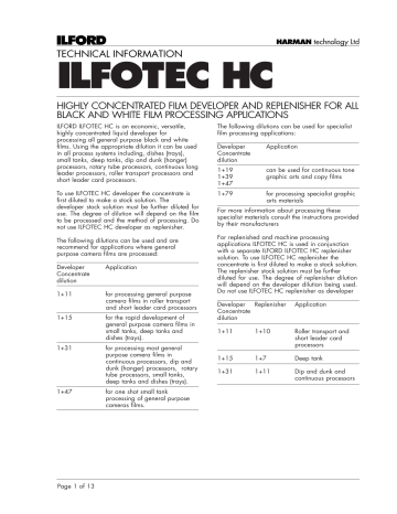 Ilford ILFOTEC HC Technical Data Sheet | Manualzz