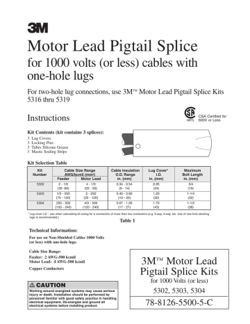 3M Motor Lead Pigtail Splice Kits Datasheet 5302, 5303, 5304 | Manualzz