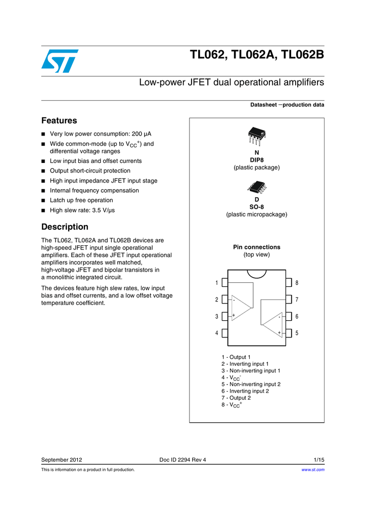 STMicroelectronics TL062 Datasheet | Manualzz