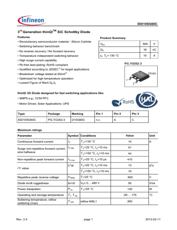 Infineon IDD10SG60C Diode Rectifier Data Sheet | Manualzz