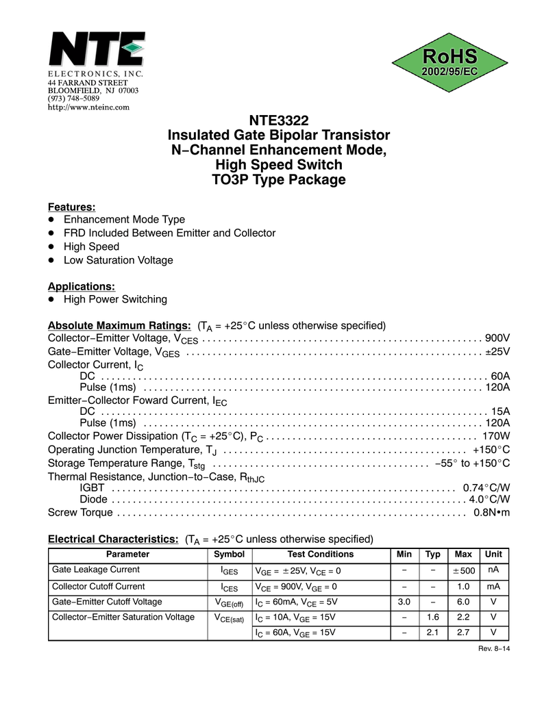 TO3P Type Package 900V 60A NTE Electronics NTE3322 N-Channel ...