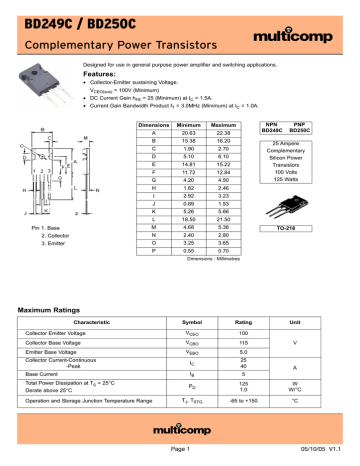 BD249C / BD250C Complementary Power Transistors Features: | Manualzz