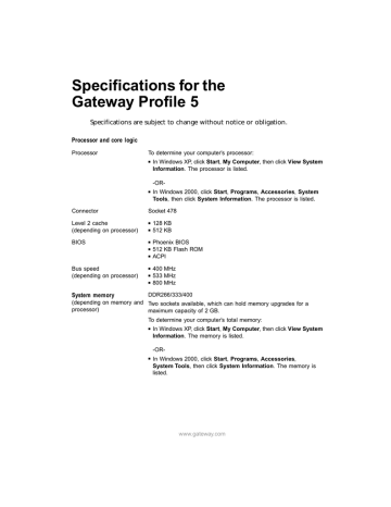 Gateway Profile Profile 5 Specifications | Manualzz
