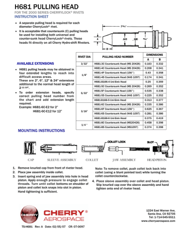 Pulling Head 2000 Series CherryLock Rivets Instruction Sheet | Manualzz