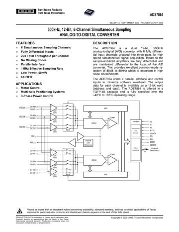 ADS7864 Datasheet - 500kHz, 12-Bit, 6-Channel Simultaneous Sampling Analog-to-Digital | Manualzz