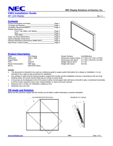 NEC V463 46" LCD display Installation Guide | Manualzz