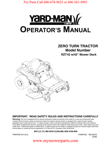 Zero Turn Tractor RZT 42 Operator's Manual | Manualzz