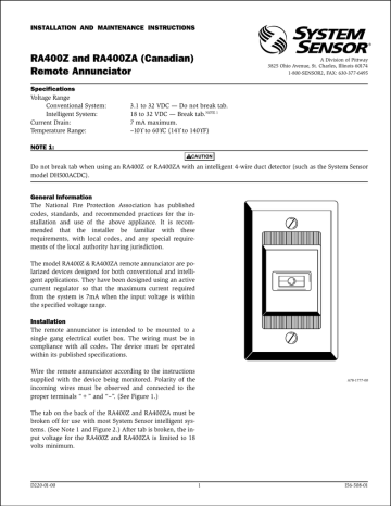 Remote Annunciator RA400Z, RA400ZA Installation Instruction | Manualzz